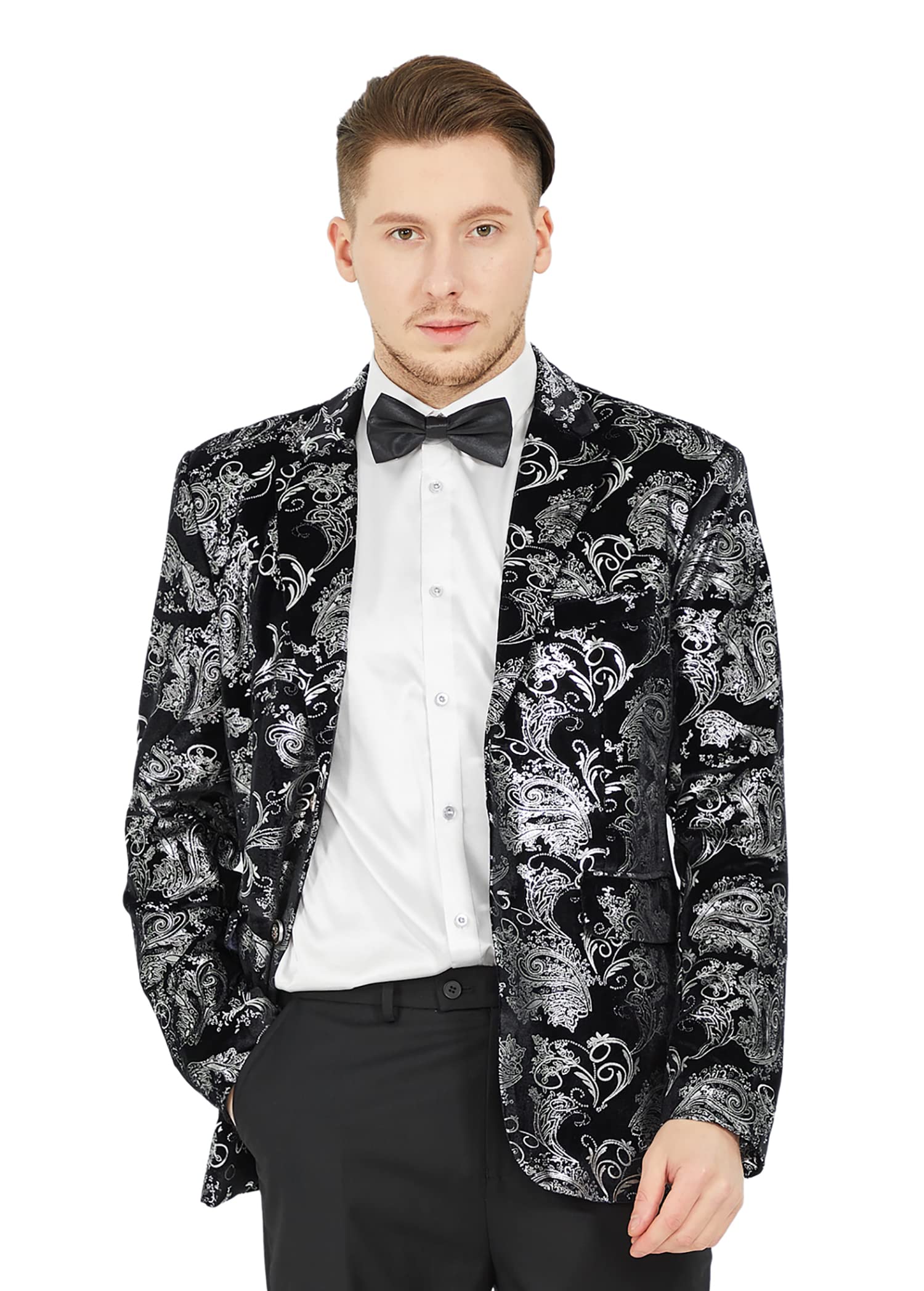 MAGE MALE Men's Dress Party Floral Suit Jacket Notched Lapel Slim Fit Two Button Stylish Blazer Black with Silver