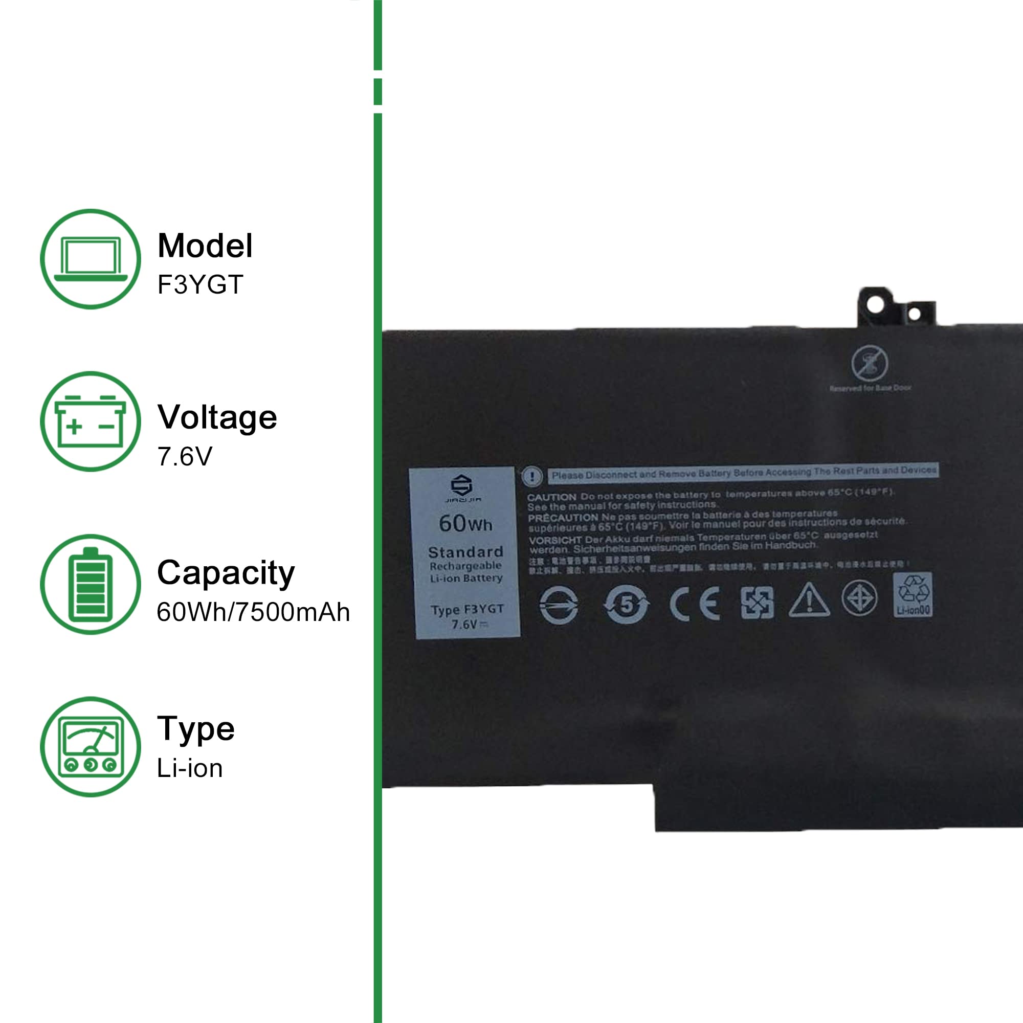 JIAZIJIA F3YGT Laptop Battery Replacement for Dell Latitude 7280 7290 E7280 E7290 7380 7390 E7380 E7390 7480 7490 E7480 E7490 Series Notebook DM3WC 0DM3WC 2X39G 7.6V 60Wh 7500mAh