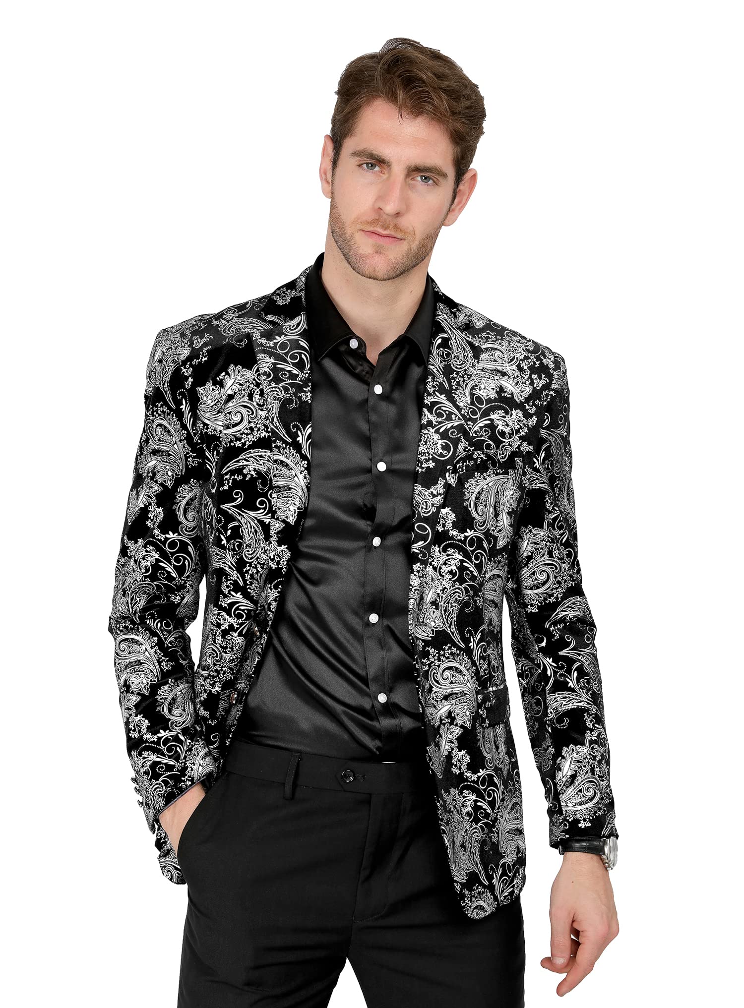 MAGE MALE Men's Dress Party Floral Suit Jacket Notched Lapel Slim Fit Two Button Stylish Blazer Black with Silver