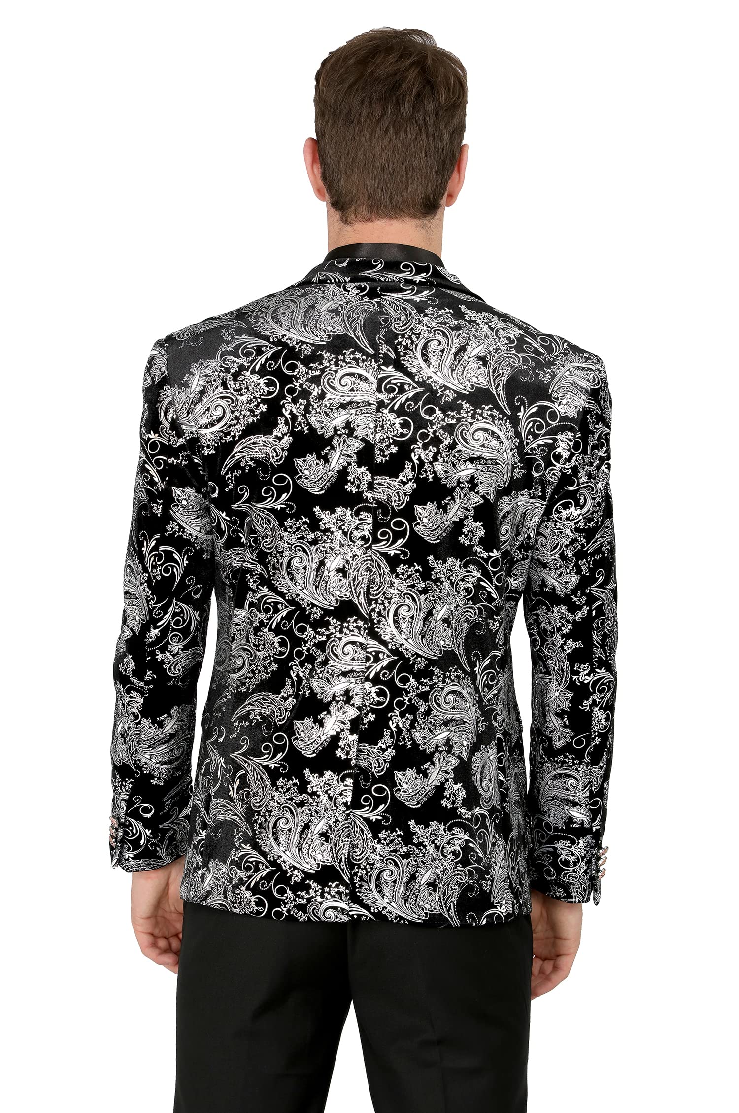 MAGE MALE Men's Dress Party Floral Suit Jacket Notched Lapel Slim Fit Two Button Stylish Blazer Black with Silver
