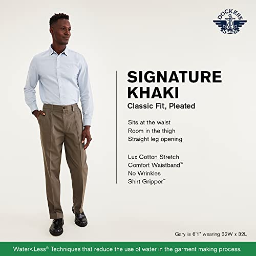 Dockers Men's Classic Fit Signature Khaki Lux Cotton Stretch Pants-Pleated (Regular and Big & Tall), Dark Pebble, 40W x 32L
