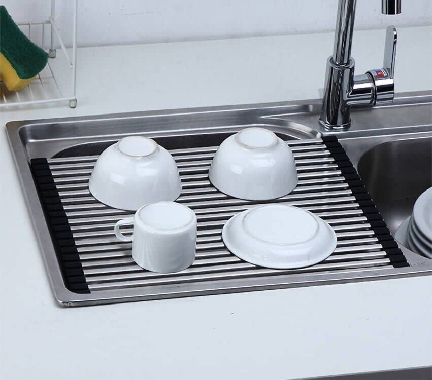 Ahyuan Roll up Dish Drying Rack Over The Sink Dish Drying Rack Square Tubes Dish Rack Over Sink Dish Racks for Kitchen Counter RV Camper Accessories for Travel Trailers (Black, 17.8''Wx13.4''L)
