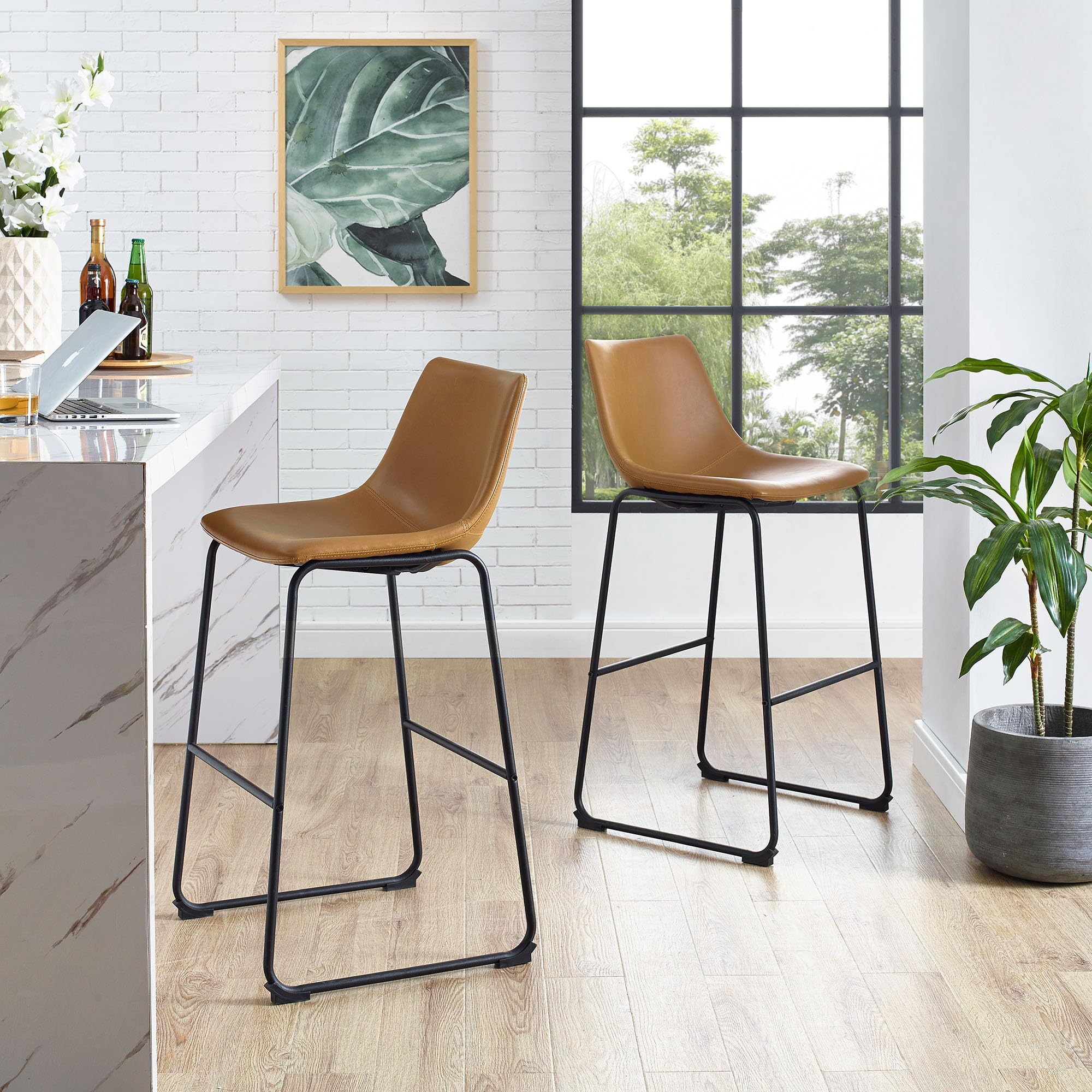 Walker Edison Douglas Urban Industrial Faux Leather Armless Lounge Kitchen Bar Chairs, Set of 2, Whiskey Brown