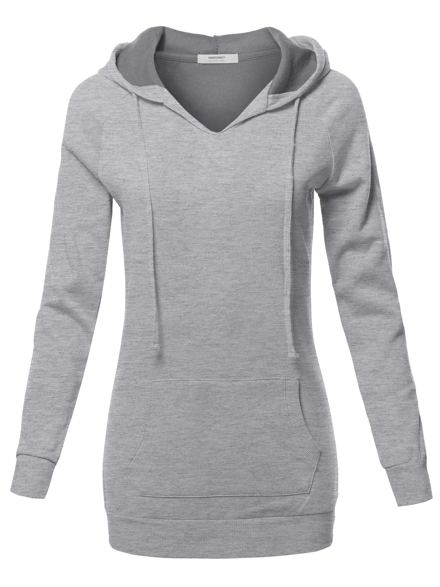 Awesome21 Casual Raglan Long Sleeve Pocket Long-Line Hoodie Heather Gray S