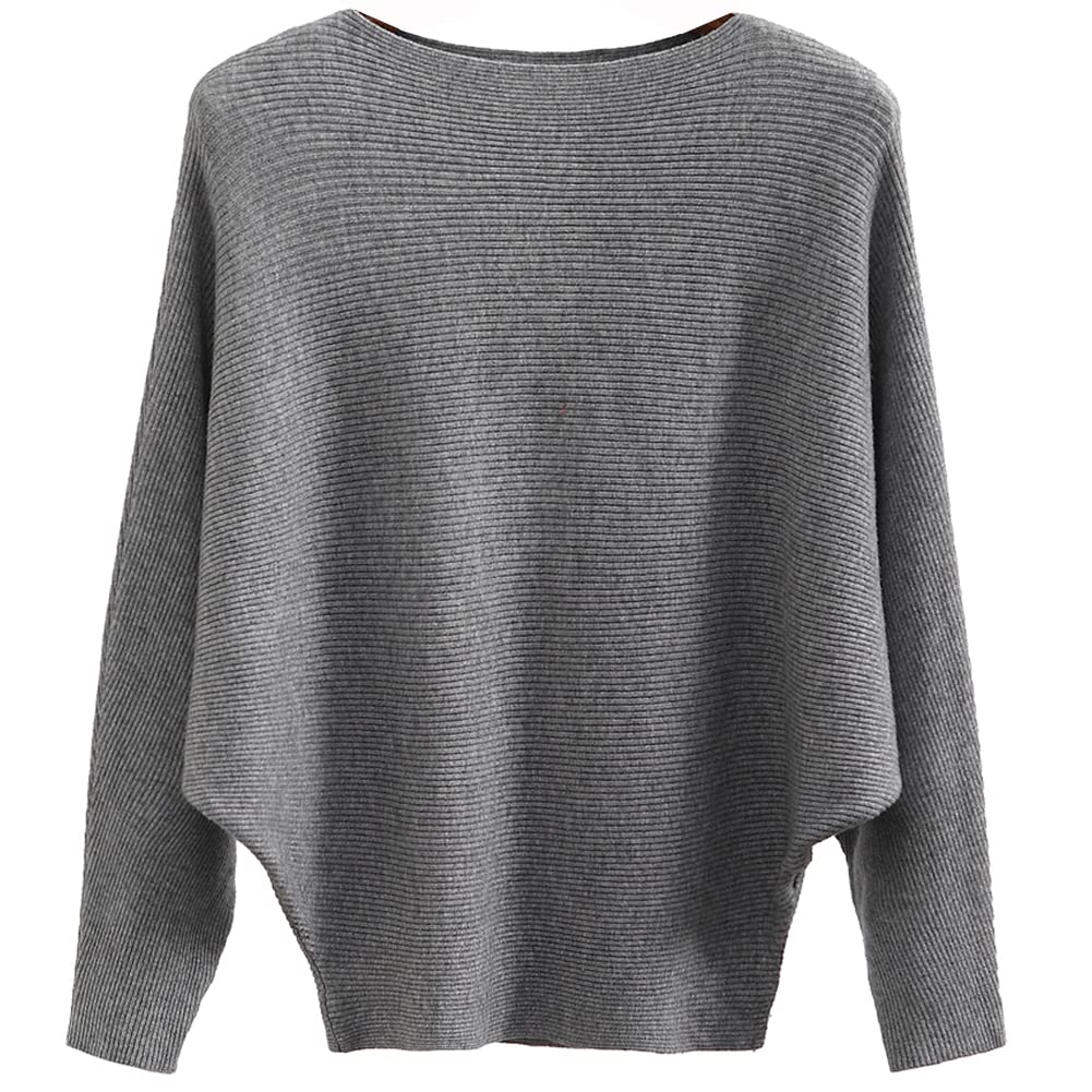 Ckikiou Womens Lightweight Oversized Boat Neck Sweaters Tops Dolman Batwing Sleeve Ribbed Knitted Pullovers Gray