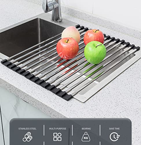 Ahyuan Roll up Dish Drying Rack Over The Sink Dish Drying Rack Square Tubes Dish Rack Over Sink Dish Racks for Kitchen Counter RV Camper Accessories for Travel Trailers (Black, 17.8''Wx13.4''L)