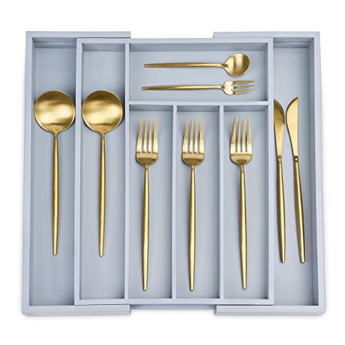 WuGeShop Bamboo Kitchen Drawer Organizer Expandable, Large Flatware Utensil Organizer, Adjustable Silverware Cutlery Tray for Knives, Spoons, Forks (7 Slots, Gray)