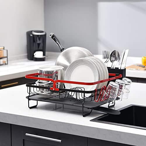 TOOLF Dish Drying Rack, 360° Swivel Spout Design Dish Rack with Drain Board for Kitchen Counter, Rust-Proof Dish Rack with Utensil Holder and Cup Holder for Tableware