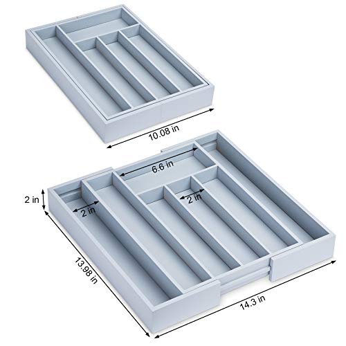 WuGeShop Bamboo Kitchen Drawer Organizer Expandable, Large Flatware Utensil Organizer, Adjustable Silverware Cutlery Tray for Knives, Spoons, Forks (7 Slots, Gray)