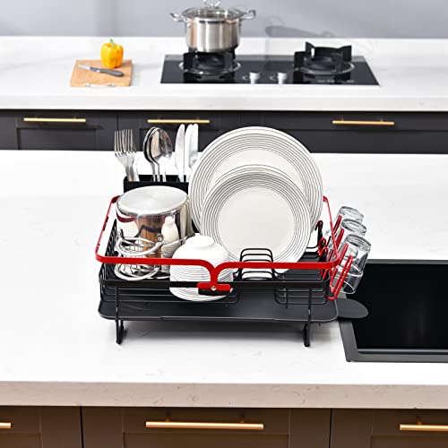TOOLF Dish Drying Rack, 360° Swivel Spout Design Dish Rack with Drain Board for Kitchen Counter, Rust-Proof Dish Rack with Utensil Holder and Cup Holder for Tableware