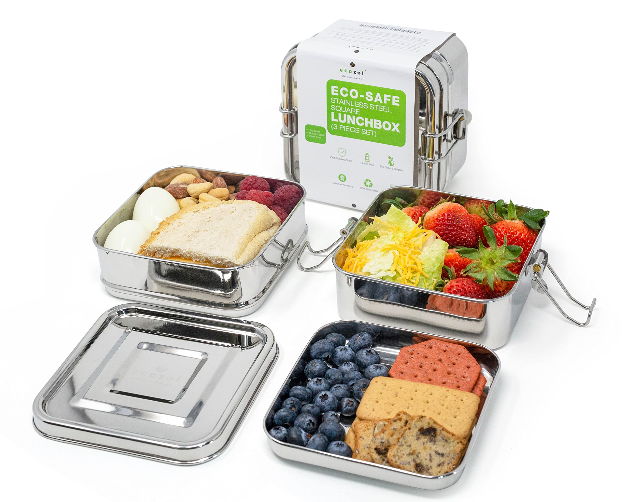 ecozoi Stainless Steel Lunch Box, 3-in-1 Eco Friendly Stackable Bento Box, Plastic Free Meal Prep Food Container, With Bonus Inner Tray, Square (1500 ml or 50 oz)