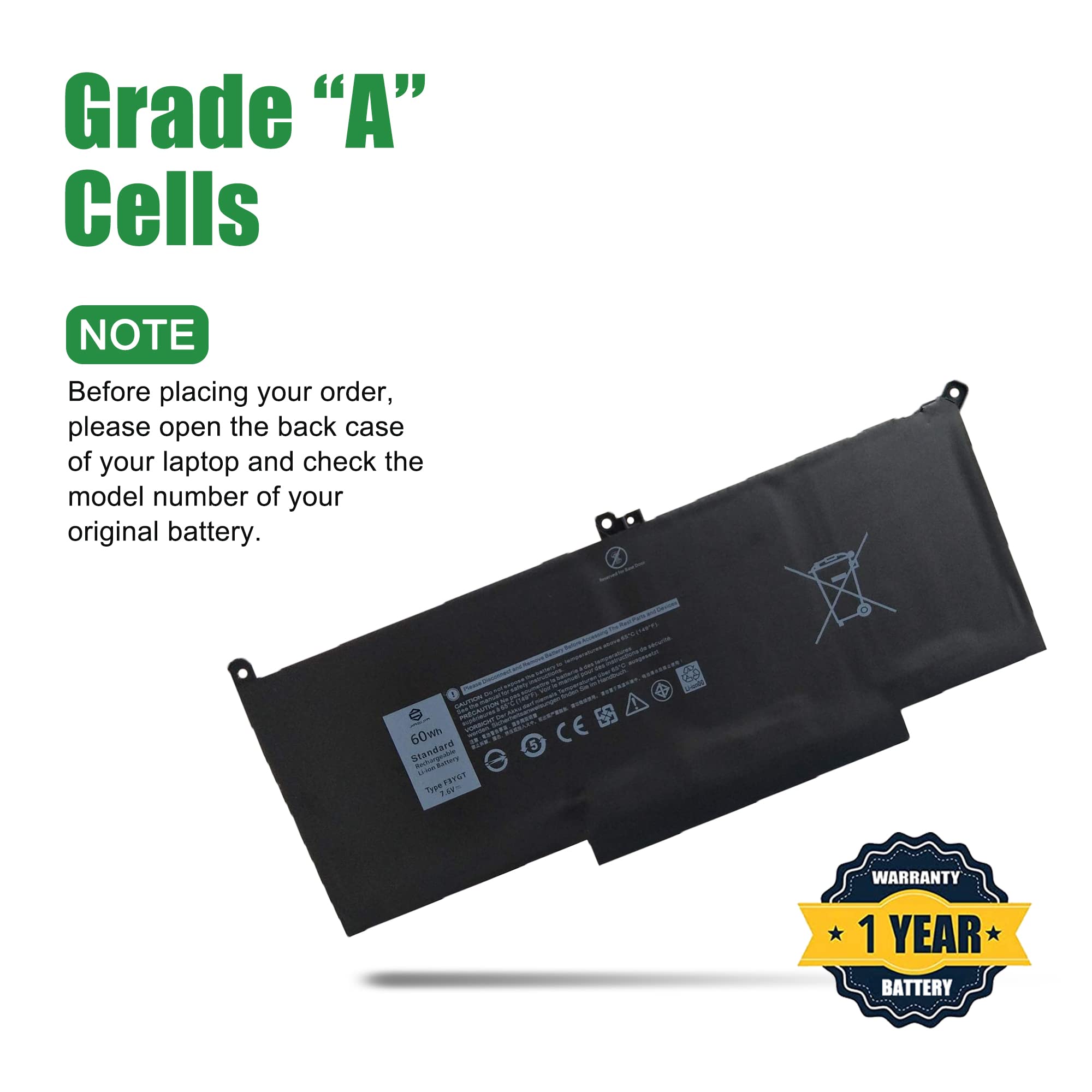 JIAZIJIA F3YGT Laptop Battery Replacement for Dell Latitude 7280 7290 E7280 E7290 7380 7390 E7380 E7390 7480 7490 E7480 E7490 Series Notebook DM3WC 0DM3WC 2X39G 7.6V 60Wh 7500mAh