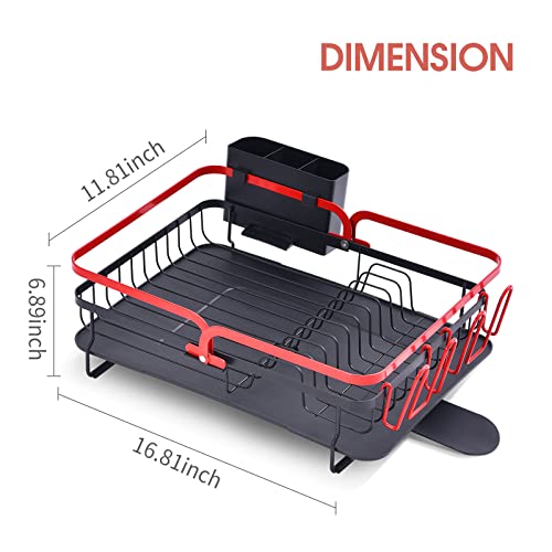 TOOLF Dish Drying Rack, 360° Swivel Spout Design Dish Rack with Drain Board for Kitchen Counter, Rust-Proof Dish Rack with Utensil Holder and Cup Holder for Tableware