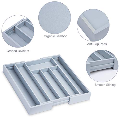 WuGeShop Bamboo Kitchen Drawer Organizer Expandable, Large Flatware Utensil Organizer, Adjustable Silverware Cutlery Tray for Knives, Spoons, Forks (7 Slots, Gray)