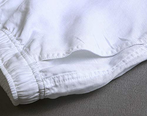 Youhan Men's Fitted Elastic Waistband Cotton Linen Pants with Drawstring (Large, White)