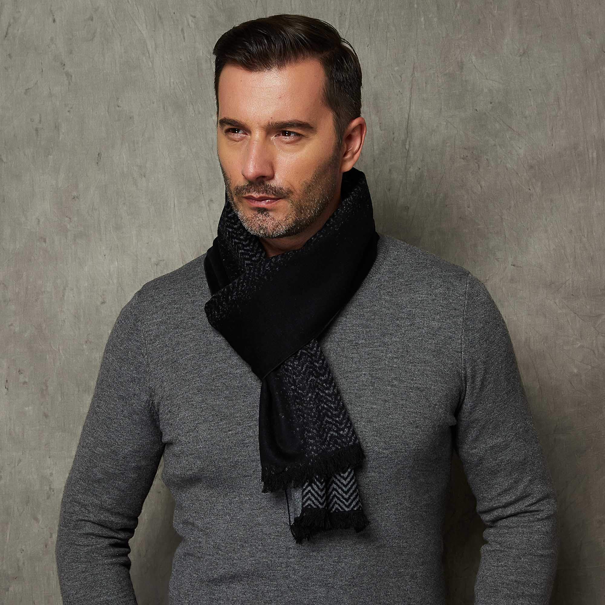 CUDDLE DREAMS Men's Silk Scarves, 100% Mulberry Silk Brushed, Luxuriously Soft (Black Gray Herringbone)