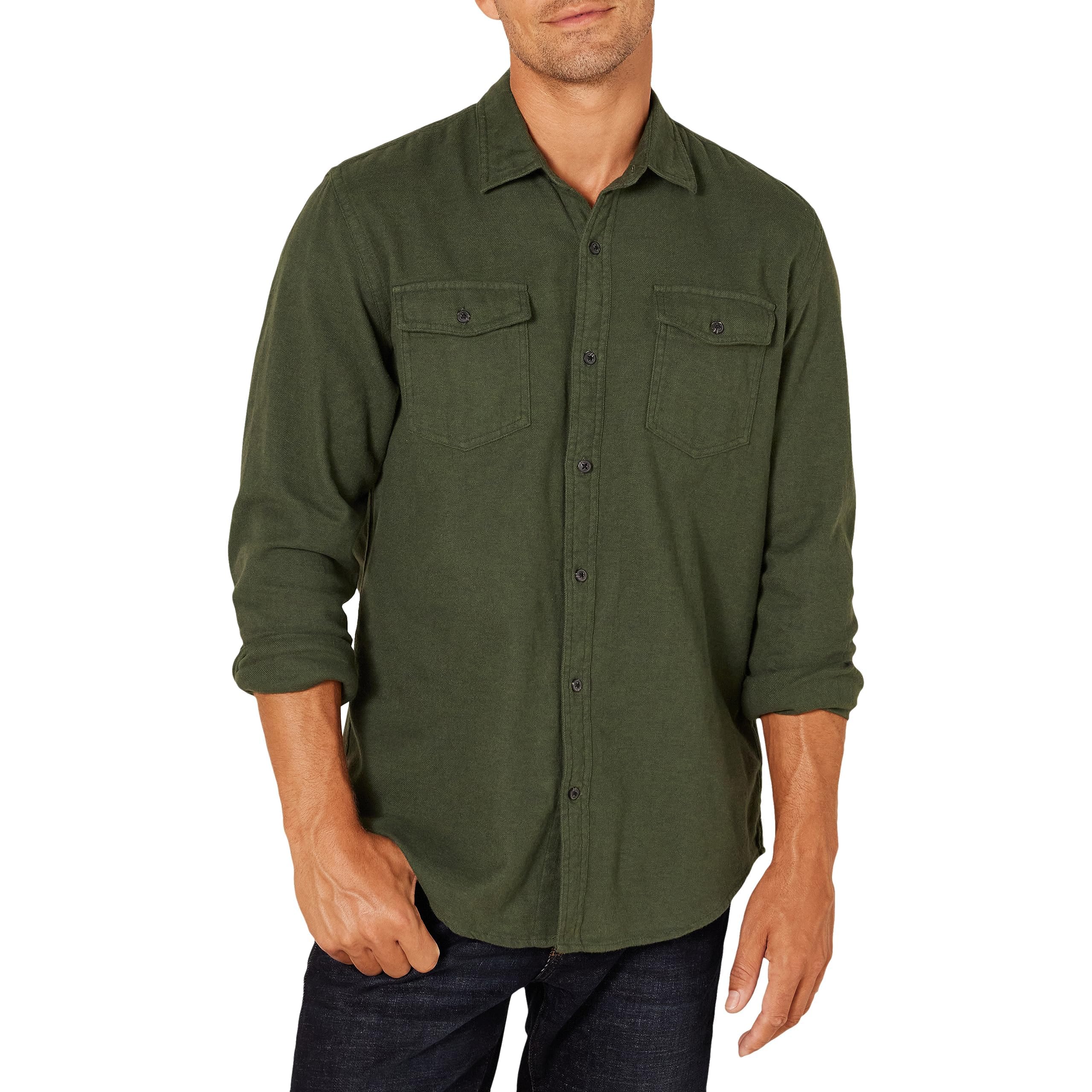Amazon Essentials Men's Long-Sleeve Flannel Shirt, Regular-Fit, Two Pockets, Olive Heather, X-Large