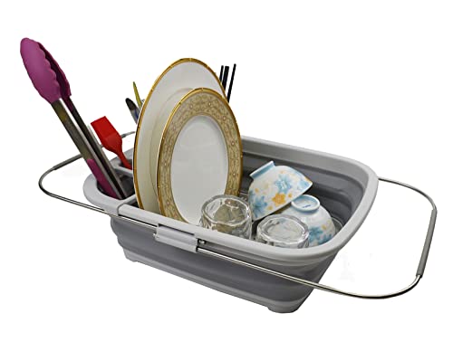 SAMMART 8L (2.11Gallons) Expandable Collapsible Dish Drainer - Foldable Drying Rack - Portable Dinnerware Organizer - Space Saving Kitchen Storage Tray (Grey, 1)