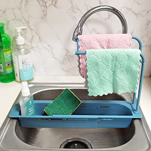 2 Pack Updated 2-in-1 Telescopic Sink Holder Rack Sink Organizer Expandable Storage Drain Basket Rack Sponge Soap Holder Drainer Sink Tray Adjustable Faucet Clip Drain Basket Rack for Home,Kitchen