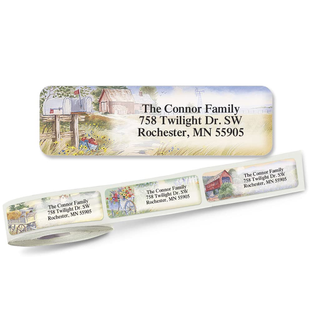 Colorful Images American Countryside Rolled Personalized Return Address Mailing Labels with Dispenser, Customize with Name & Shipping Address, 250 ¾” x 2½” Self Adhesive, Easy Peel Label Roll