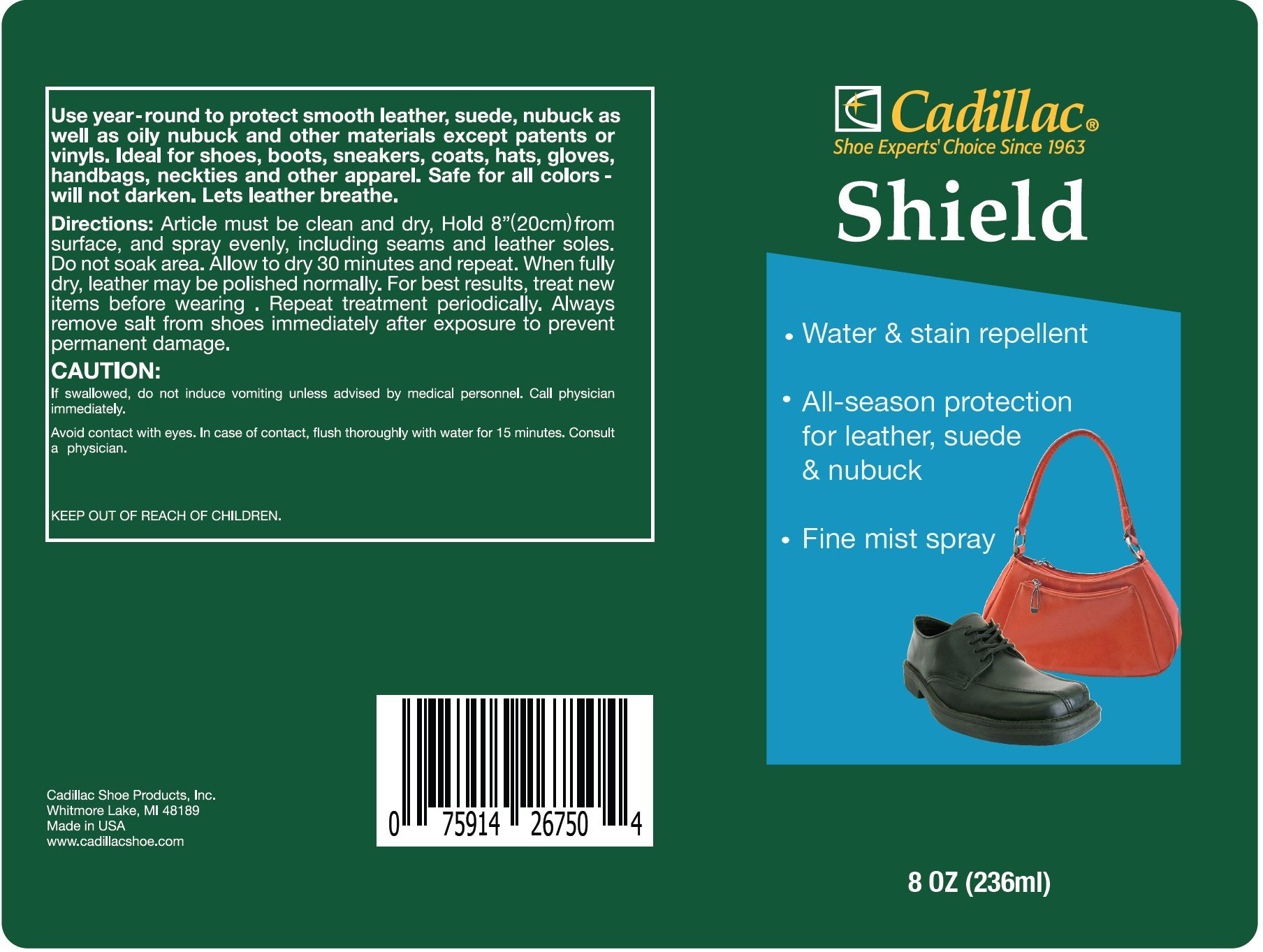 Cadillac Shield Water and Stain - Leather and Fabric Protector Spray - Great for Shoes - 8 oz - Non Aerosol - Waterproof and Protect Suede, Leather, Nubuck, Fabric, Nylon, Polyester & More