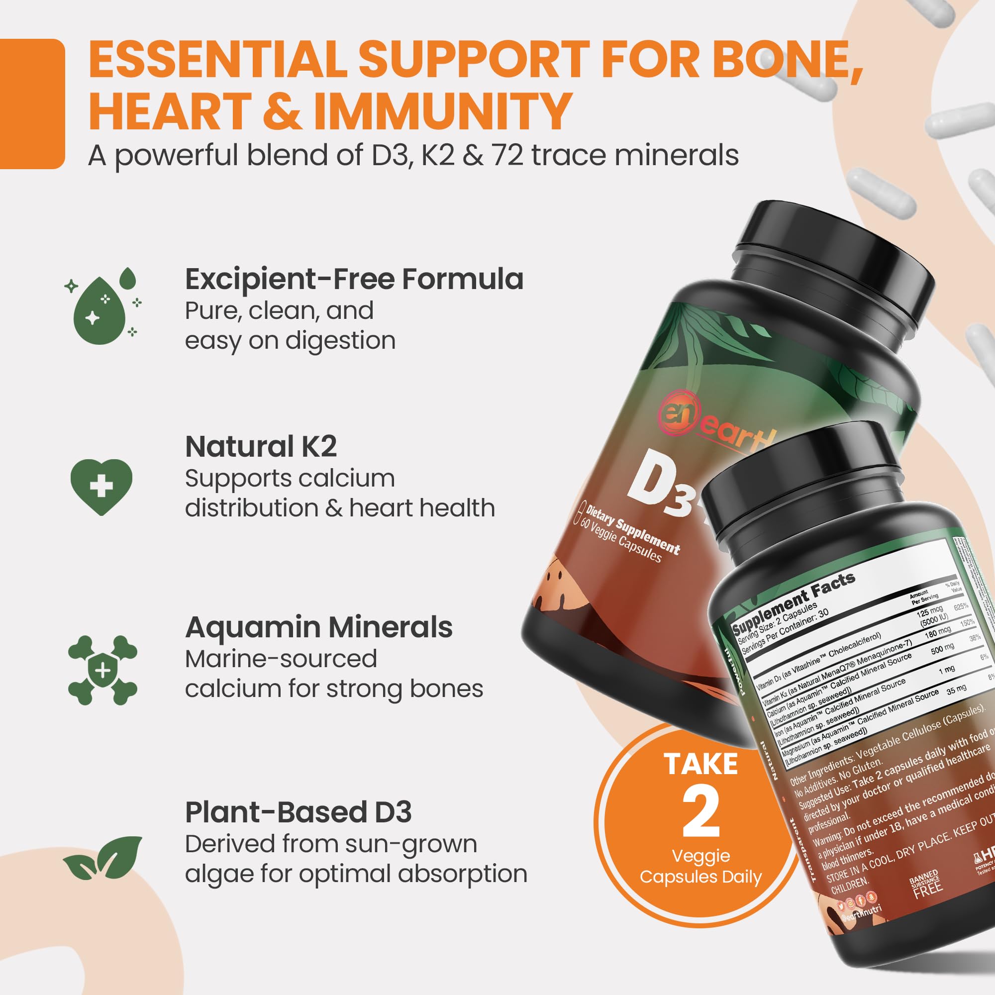 EarthNutri Vitamin D3 K2 Supplement 5000 IU – Includes K2 from MENA Q7, D3 from Vitashine, Calcium from Aquamin & 72 Trace Minerals – for Immune, Bone & Heart Health – Non-GMO – 60 Veg Capsules
