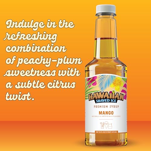 Hawaiian Shaved Ice Mango Syrup - Nut Soy Dairy Free - Flavor Fluffy & Crunchy Snow Cones - Shelf Stable - Makes 8 Servings - 16 ounces