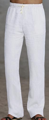 Youhan Men's Fitted Elastic Waistband Cotton Linen Pants with Drawstring (Large, White)