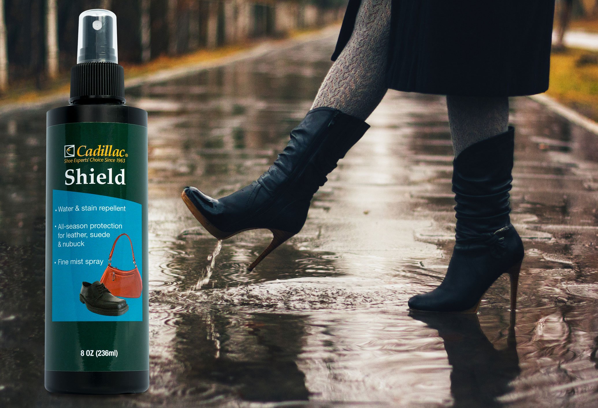Cadillac Shield Water and Stain - Leather and Fabric Protector Spray - Great for Shoes - 8 oz - Non Aerosol - Waterproof and Protect Suede, Leather, Nubuck, Fabric, Nylon, Polyester & More