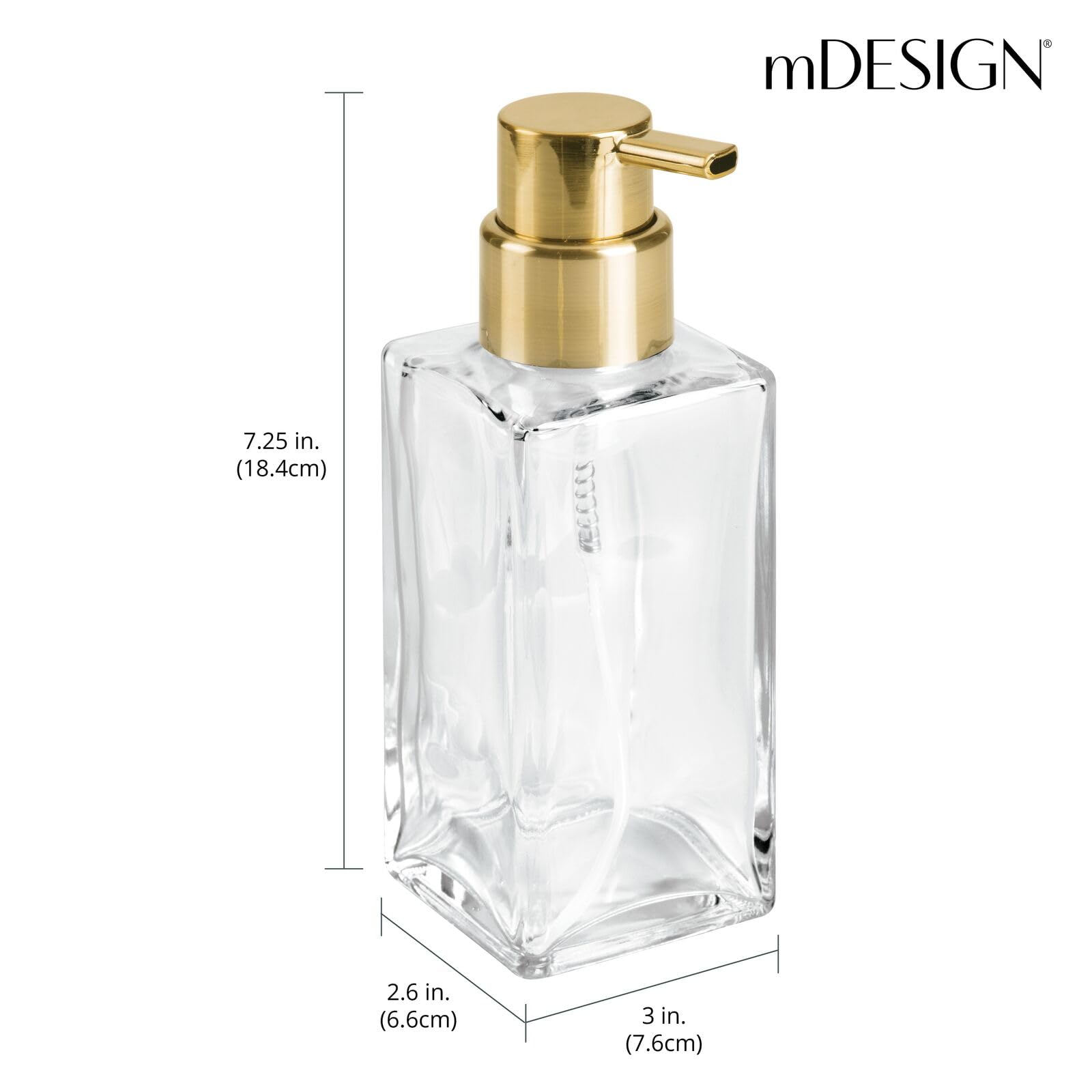 mDesign Modern Square Glass Refillable Foaming Hand Soap Dispenser Pump Bottle for Bathroom Vanities or Kitchen Sink, Countertops - Clear/Soft Brass