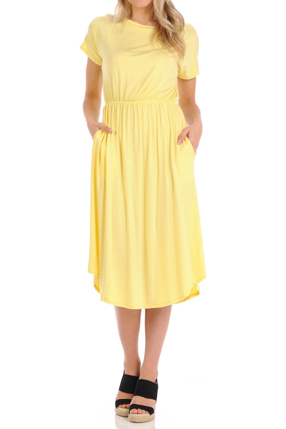 iconic luxe Women's Short Sleeve Flare Midi Dress with Pockets Medium Banana