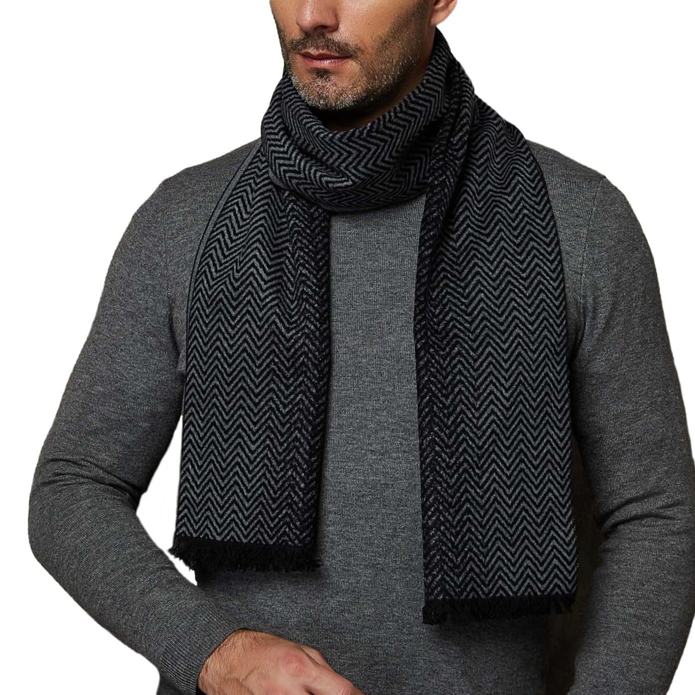 CUDDLE DREAMS Men's Silk Scarves, 100% Mulberry Silk Brushed, Luxuriously Soft (Black Gray Herringbone)