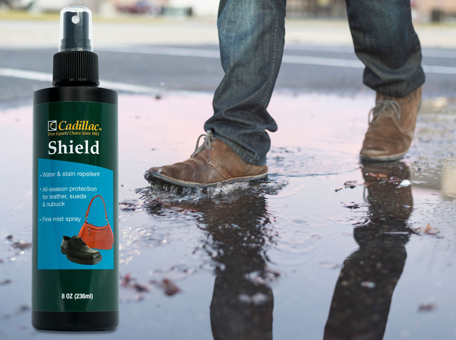 Cadillac Shield Water and Stain - Leather and Fabric Protector Spray - Great for Shoes - 8 oz - Non Aerosol - Waterproof and Protect Suede, Leather, Nubuck, Fabric, Nylon, Polyester & More
