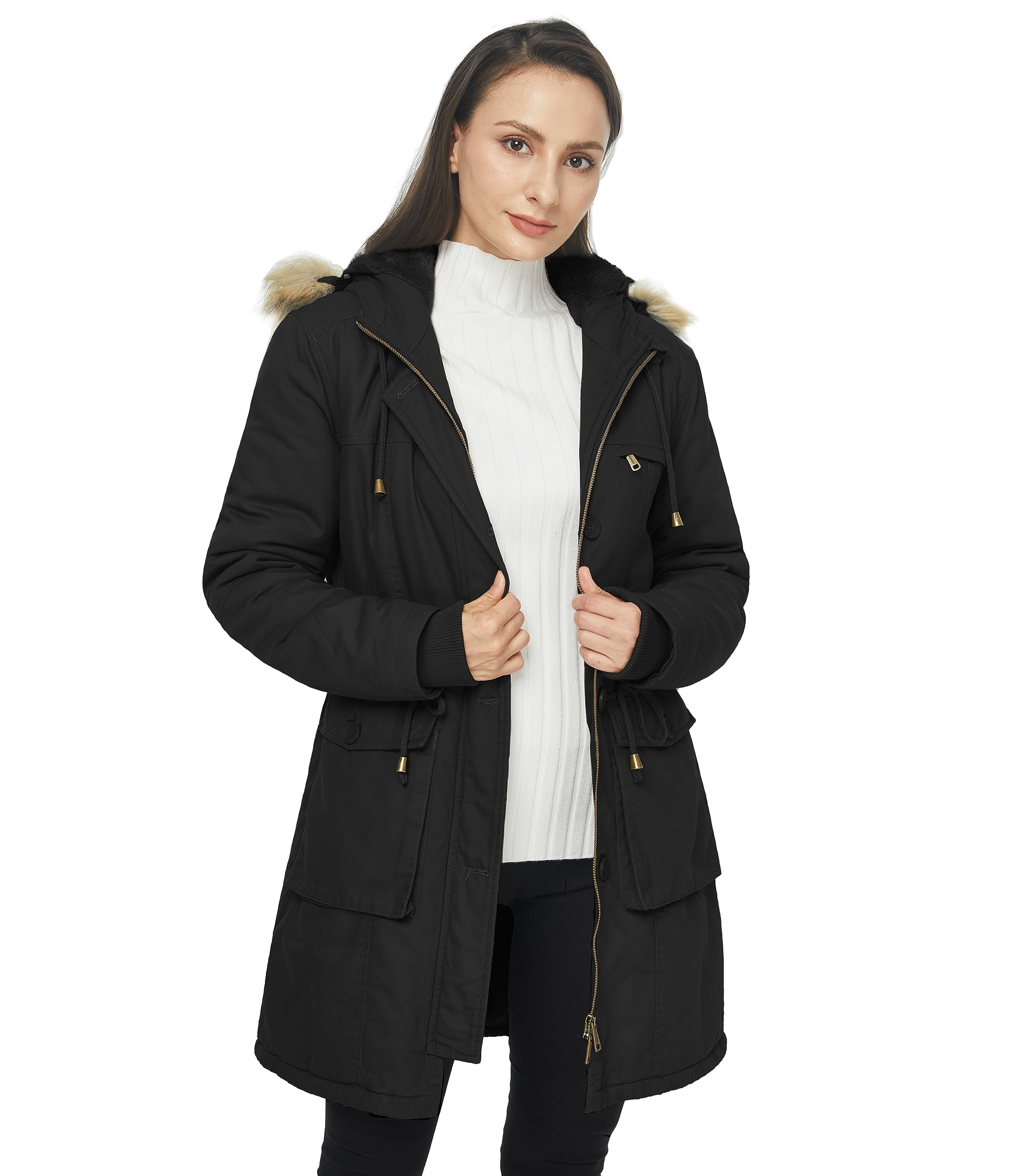 WenVen Women's Winter Padded Coat Canvas Hooded Military Jacket (Black, 2XL)