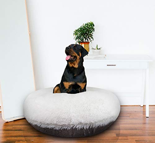 Bessie and Barnie Signature Serenity Grey/Snow White Luxury Shag Extra Plush Faux Fur Bagel Pet/Dog Bed (Multiple Sizes)