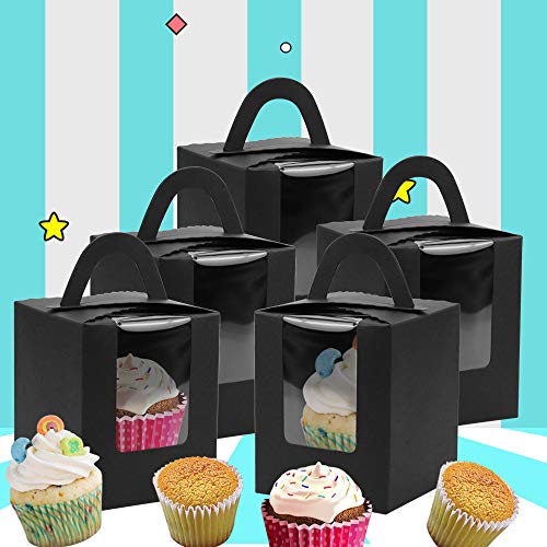 BILLIOTEAM 60PCS Black Single Cupcake Boxes, Clear Window Inserts Handle Cupcake Muffins Cupcake Carriers Pastry Containers Bakery Wrapping Party Favor Packing For Wedding Cupcake Favor Boxes
