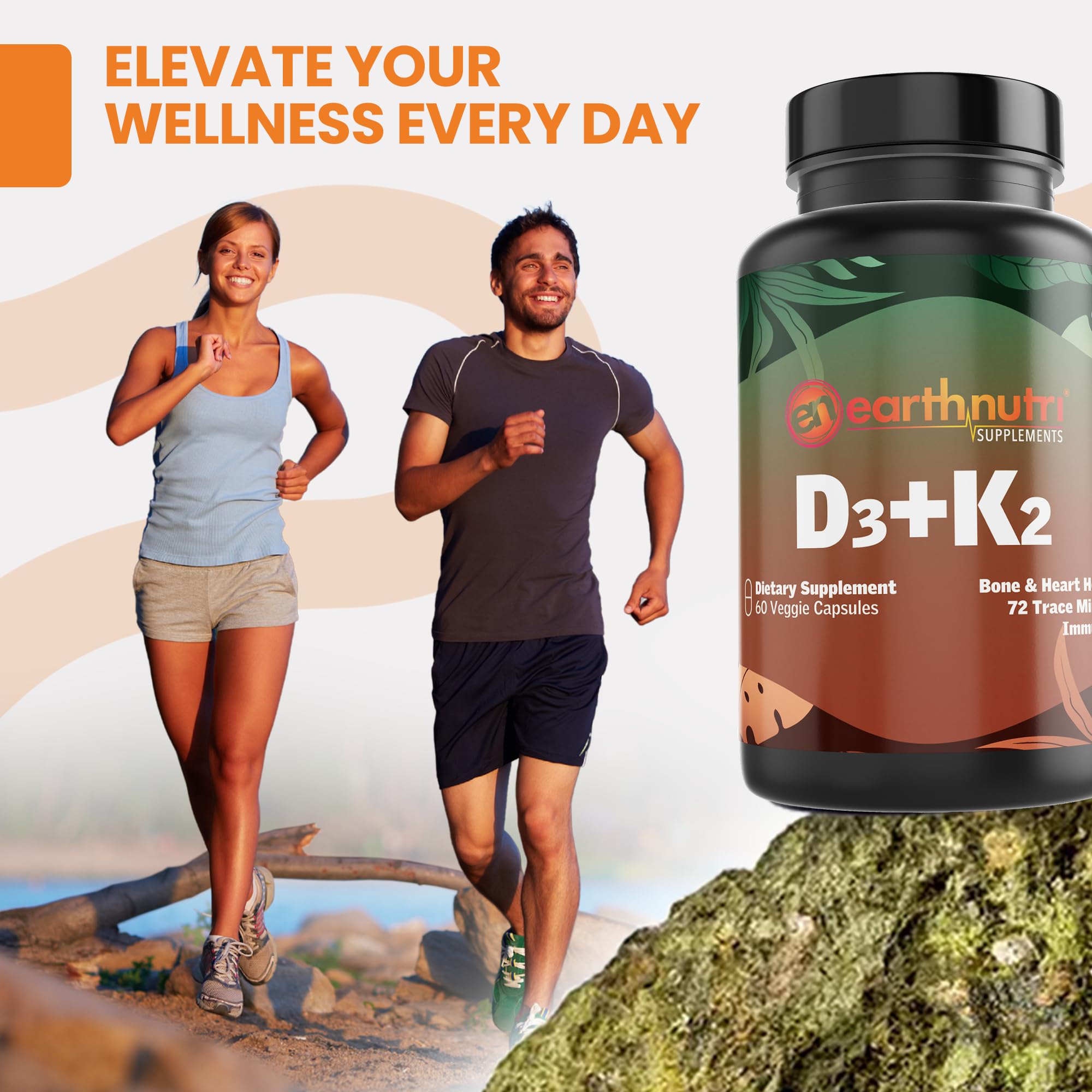 EarthNutri Vitamin D3 K2 Supplement 5000 IU – Includes K2 from MENA Q7, D3 from Vitashine, Calcium from Aquamin & 72 Trace Minerals – for Immune, Bone & Heart Health – Non-GMO – 60 Veg Capsules