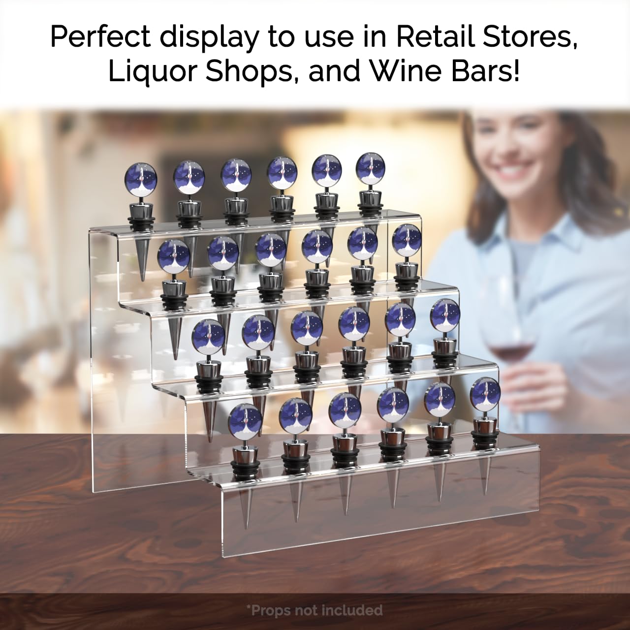 Marketing Holders Wine Bottle Topper Liquor Pourer Display Stand Multi Level 24 Slot Rack with .75 Inch Wide Holes Clear Acrylic Riser 11.5" Wide by 10" Deep Retail Countertop Showcase
