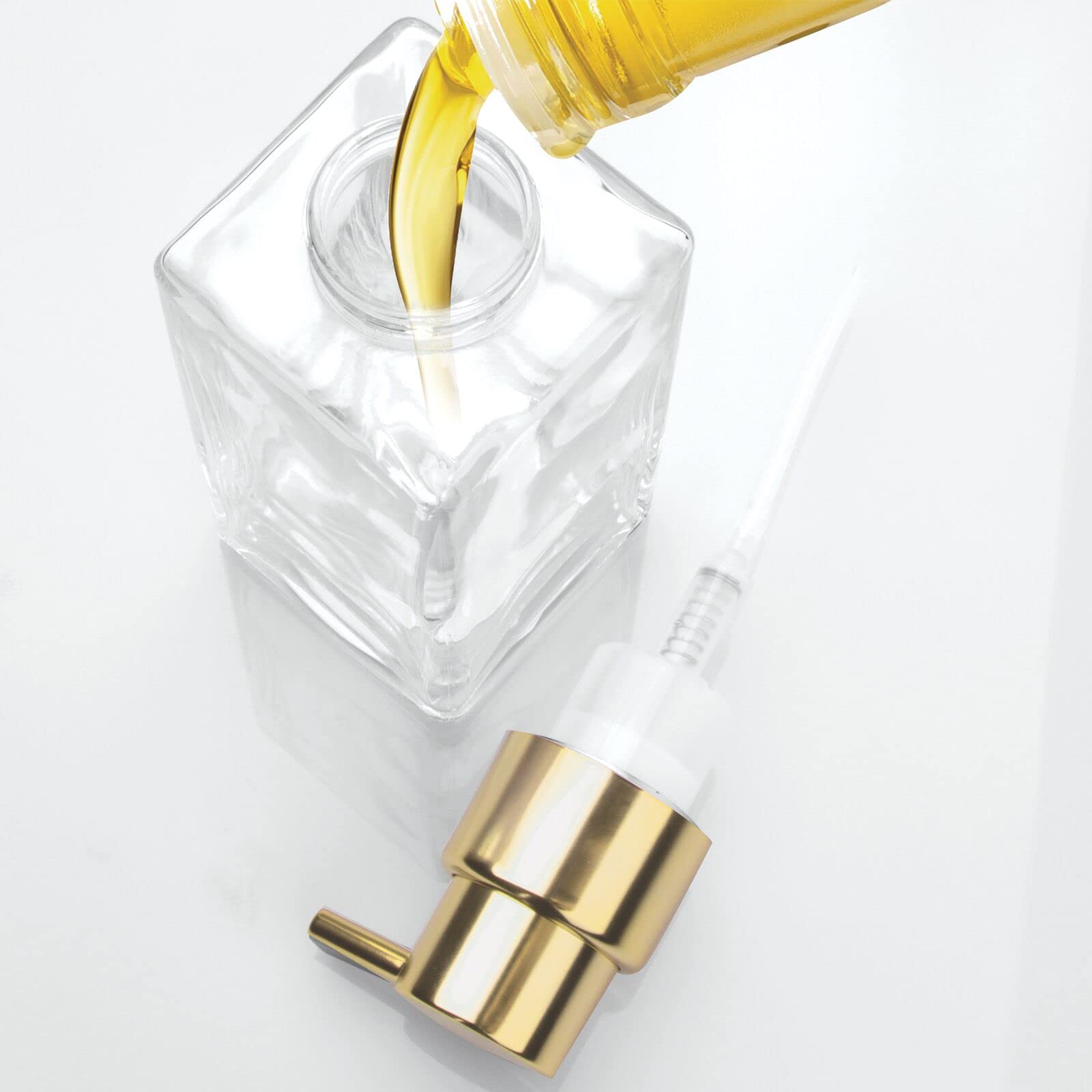 mDesign Modern Square Glass Refillable Foaming Hand Soap Dispenser Pump Bottle for Bathroom Vanities or Kitchen Sink, Countertops - Clear/Soft Brass