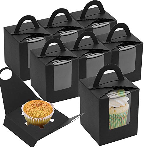 BILLIOTEAM 60PCS Black Single Cupcake Boxes, Clear Window Inserts Handle Cupcake Muffins Cupcake Carriers Pastry Containers Bakery Wrapping Party Favor Packing For Wedding Cupcake Favor Boxes