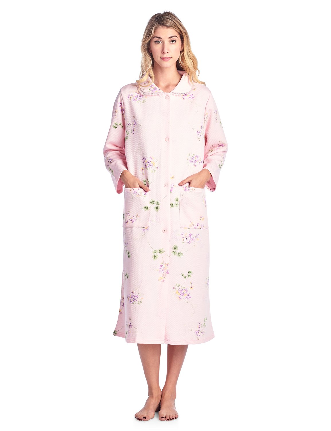 Casual Nights Women's Long Quilted Robe House Dress - Floral Pink - Medium