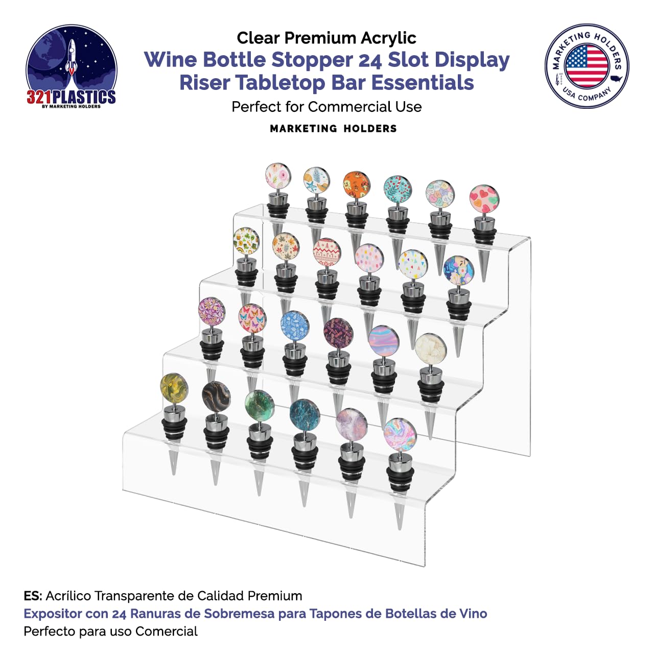 Marketing Holders Wine Bottle Topper Liquor Pourer Display Stand Multi Level 24 Slot Rack with .75 Inch Wide Holes Clear Acrylic Riser 11.5" Wide by 10" Deep Retail Countertop Showcase