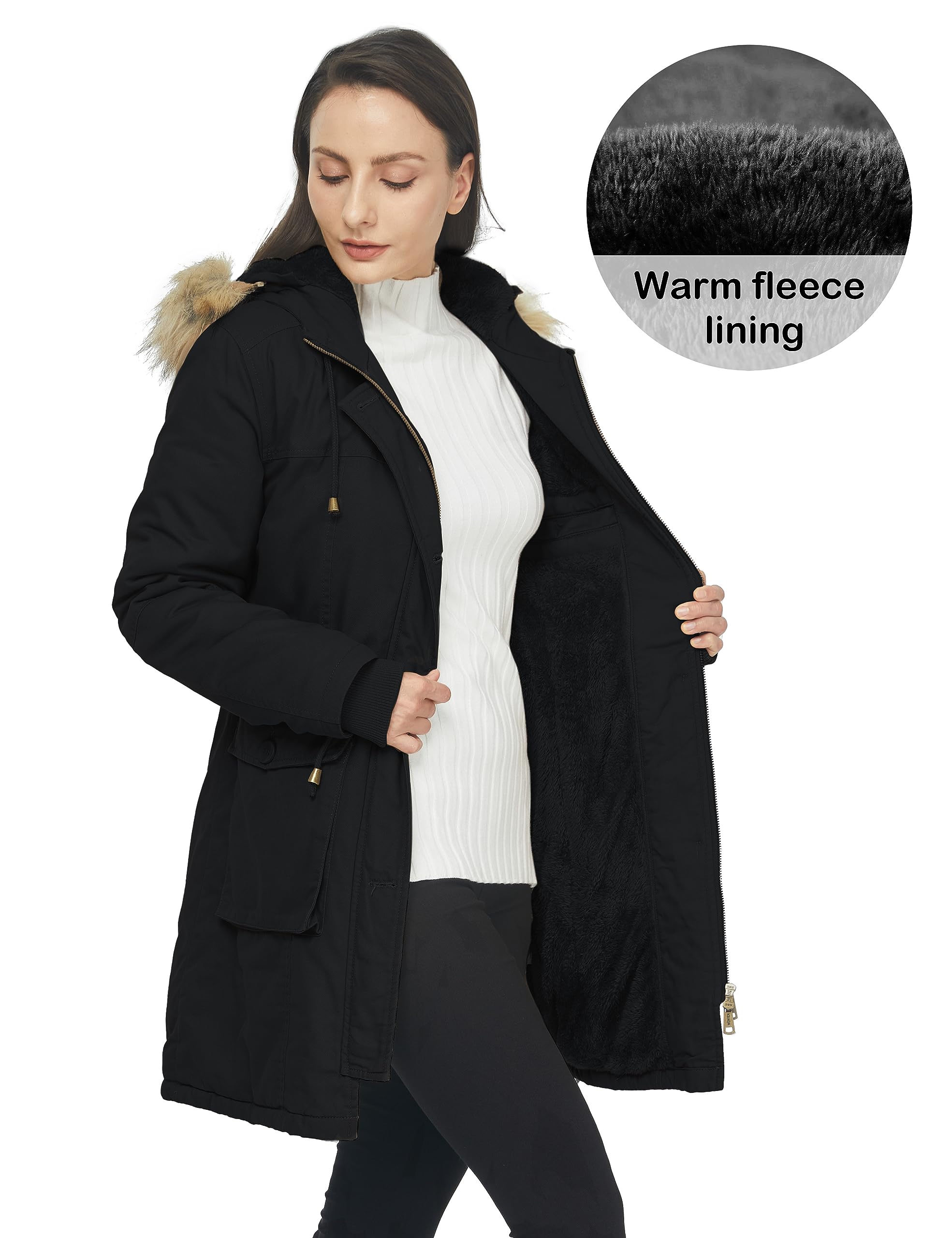 WenVen Women's Winter Padded Coat Canvas Hooded Military Jacket (Black, 2XL)