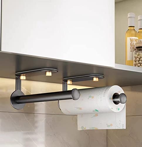 Paper Towel Holder Under Cabinet, Self Adhesive Black Paper Towel Holder for Kitchen Under Counter Cabinet Bathroom, for Holding Paper Towel, Plastic Wrap, Tin Foil, Toilet Paper Roll