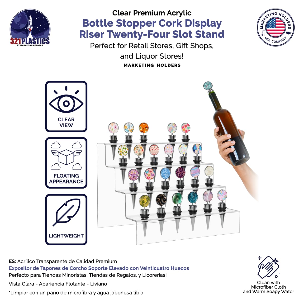 Marketing Holders Wine Bottle Topper Liquor Pourer Display Stand Multi Level 24 Slot Rack with .75 Inch Wide Holes Clear Acrylic Riser 11.5" Wide by 10" Deep Retail Countertop Showcase