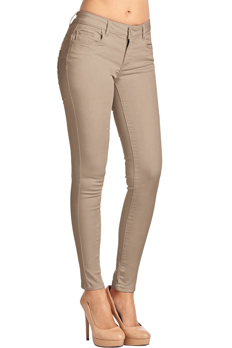 2LUV Women's Stretchy 5 Pocket Skinny Color Uniform Pants Back to School Junior Clothing Apparel Khaki 1