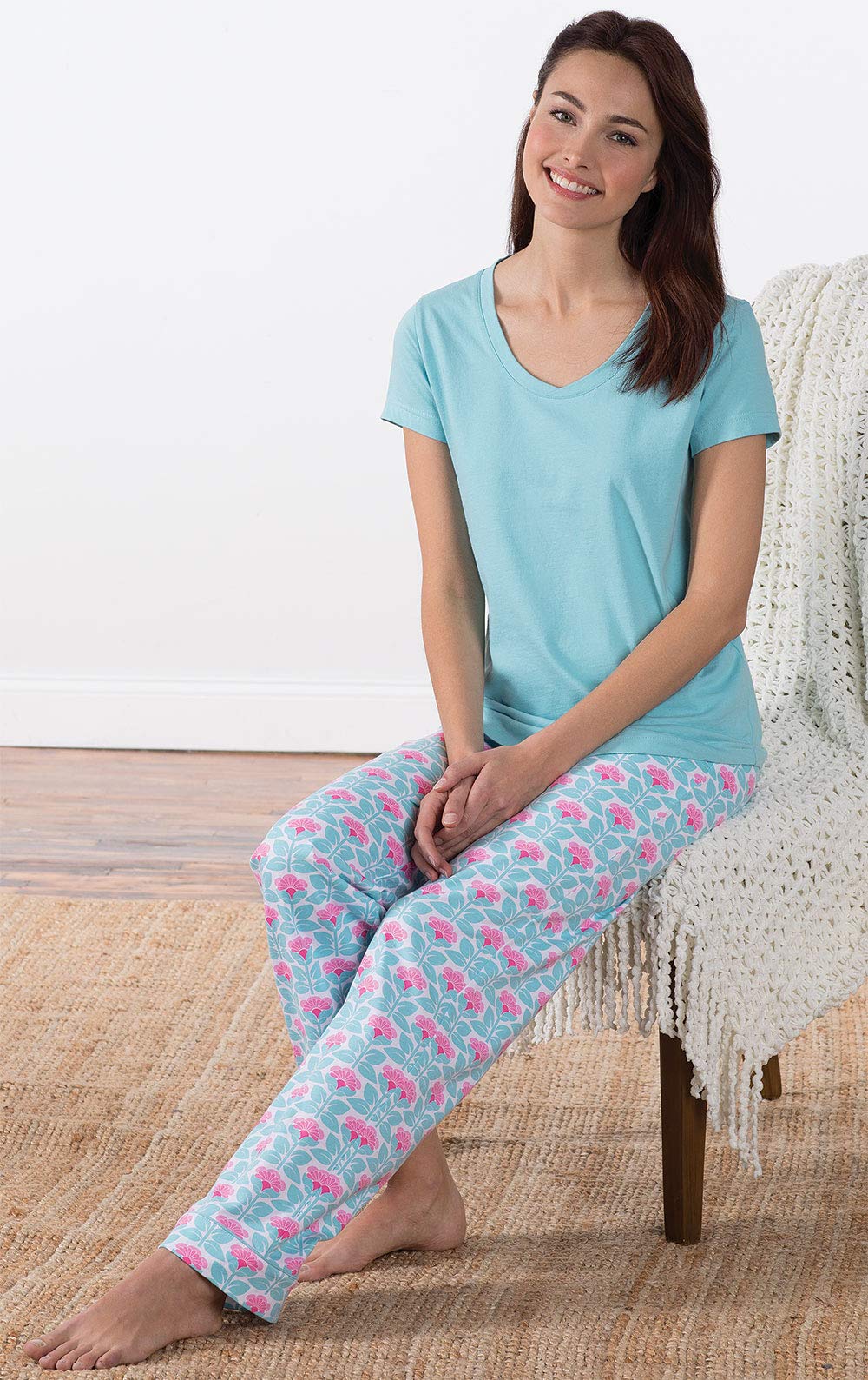 PajamaGram Pajamas Women Cotton Jersey - Women's Pajama Sets, Aqua, M, 8-10