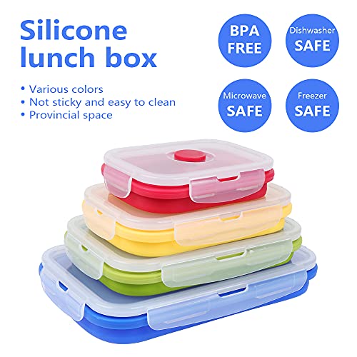VIGIND Set of 4 Collapsible Foldable Silicone Food Storage Container With BPA Free, Leftover Meal Box With Airtight Plastic Lids For Kitchen, Bento Lunch Boxes-Microwave, Dishwasher and Freezer Safe