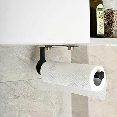 Paper Towel Holder Under Cabinet, Self Adhesive Black Paper Towel Holder for Kitchen Under Counter Cabinet Bathroom, for Holding Paper Towel, Plastic Wrap, Tin Foil, Toilet Paper Roll
