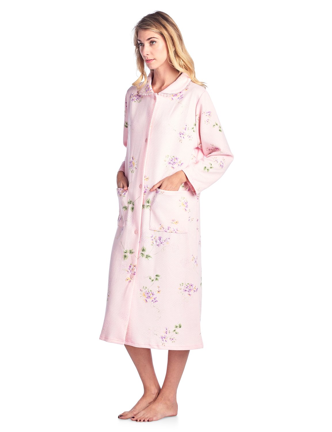 Casual Nights Women's Long Quilted Robe House Dress - Floral Pink - Medium